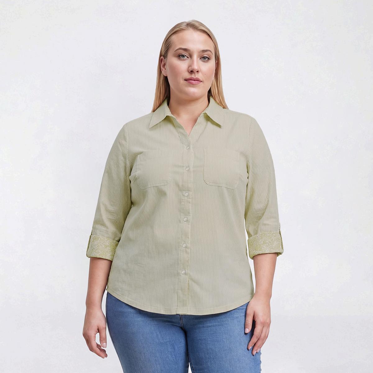 Click here for Plus Size Emily Daniels 3/4 Roll Tab Sleeve Pinstr... prices